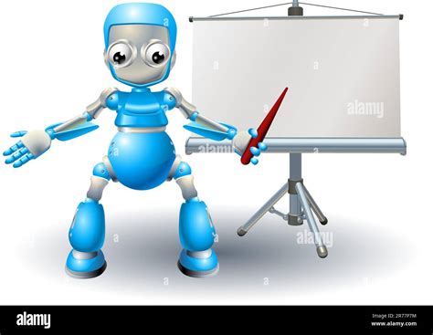 Robot Mascot Character Presenting On Roller Screen Stock Vector Image