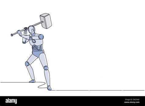 Continuous One Line Drawing Robot Standing And Swinging Big Hammer Gesture Humanoid Robot