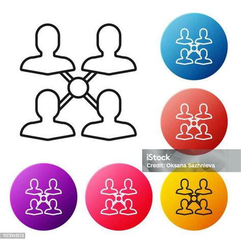 흰색 배경에 격리된 검은선 프로젝트 팀 기본 아이콘입니다 비즈니스 분석 및 계획 컨설팅 팀 워크 프로젝트 관리 아이콘 다채로운 원 버튼을 설정합니다 벡터 일러스트레이션