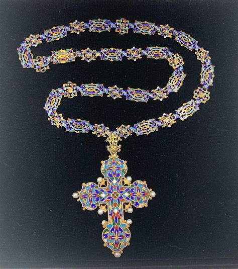Antique Renaissance Revival Polychrome Enamel Pearl 14k Gold Cross