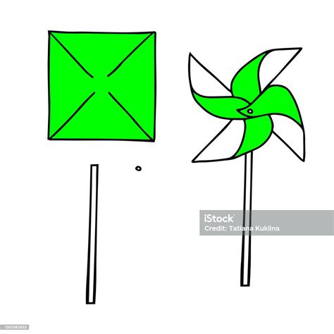 어린이를위한 색칠 공부를위한 흰색 배경에 고립 된 종이 접기 종이 장난감 풍차의 아름다운 손으로 그린 녹색 벡터 그림 0명에 대한 스톡 벡터 아트 및 기타 이미지 Istock