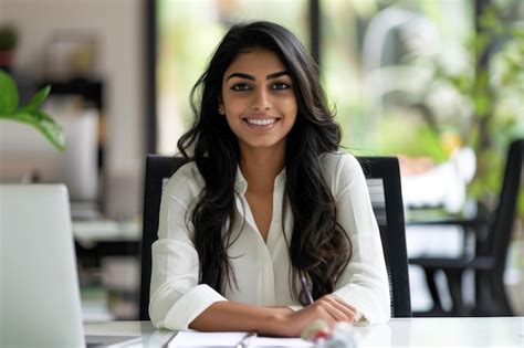 Portrait Of Confident Indian Businesswoman At Work Desk Smiling