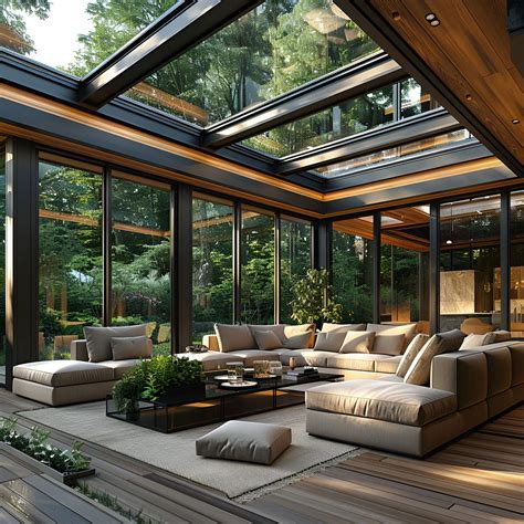 Modern Conservatory Living Room With Skylights Forest Views In House Design Dream Home
