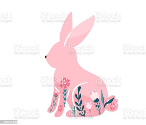 부활절 토끼 벡터 일러스트레이션 꽃무늬가 있는 핑크 토끼 흰색 배경에 고립된 토끼 모양 안에 꽃 장식 플랫 만화 스칸디나비아 스타일의 귀여운 프린트 디자인 캐릭터 공휴일에