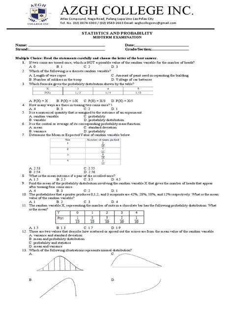 Statistics And Probability Midterm Exam Pdf Normal Distribution