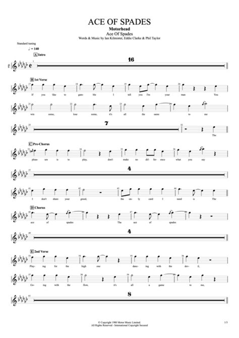 Ace Of Spades Tab By Motorhead Guitar Pro Full Score Mysongbook