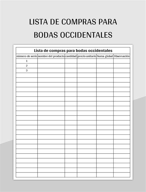 Plantilla De Excel Lista De Compras Para Bodas Occidentales Y Hoja De