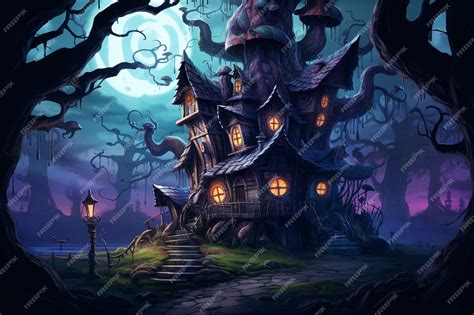 Scary Cute Witch House Made Of Sweets In The Forest Premium Ai