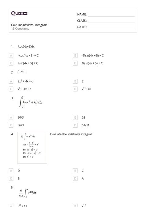 Integral Calculus Worksheets For Th Grade On Quizizz Free Printable
