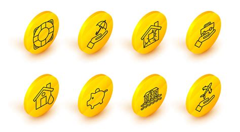 손에 라인 비행기 집 홍수 돼지 저금통 서류 가방을 들고 손 우산 및 구명 부표 아이콘을 설정합니다 벡터 3차원 형태에 대한 스톡 벡터 아트 및 기타 이미지 Istock