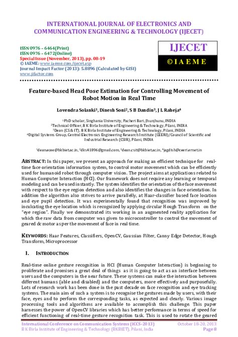Pdf Feature Based Head Pose Estimation For Controlling Movement Of Robot Motion In Real Time