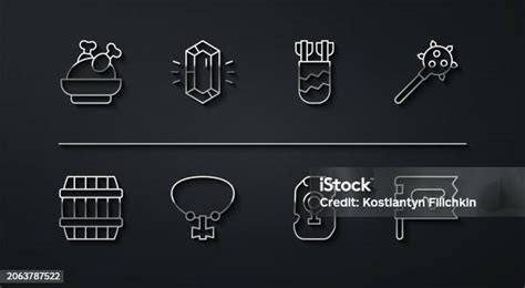 세트 라인 구운 칠면조 또는 닭고기 나무 통 가시가 달린 철퇴 마법 룬 목걸이 보석 보석 바이킹 깃발 및 화살통 화살 아이콘 벡터 검은색에 대한 스톡 벡터 아트 및 기타