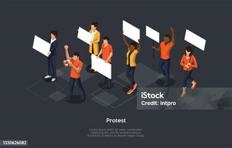 어두운 배경에 대한 등색 구성 만화 스타일의 벡터 3d 일러스트레이션 항의 개념 배너를 걷는 사람들의 그룹 표지판을 보여주는 활동가의 군중 스피커와 사람 3차원 형태에 대한