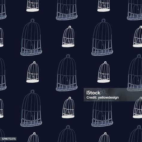 낙서 만화 빈티지 케이지 프린트와 창조적 인 원활한 패턴 네이비 블루 다크 배경 그리기에 대한 스톡 벡터 아트 및 기타 이미지