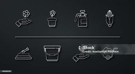 꽃 정원 호스 또는 소방 호스 옥수수 환경의 식물 손 양동이 화분 흙이 있는 수레 비료 아이콘을 위한 분무기를 들고 있는 세트 라인 벡터 가정 생활에 대한 스톡 벡터 아트