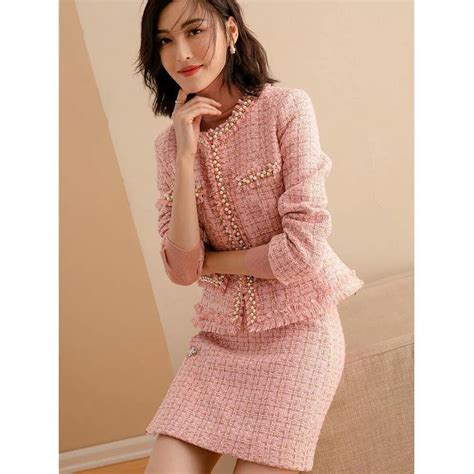 Женский клетчатый короткий комплект Осенний розовый белый приталенный твидовый пиджак юбка