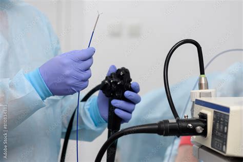Endoscopic Examination Instruments For Gastroscopy And Colonoscopy Close Up The Doctor Holds A