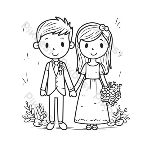 Wedding Bouquet Drawing Two Cartoon Couple Coloring Pages With A Outline Sketch Vector Png