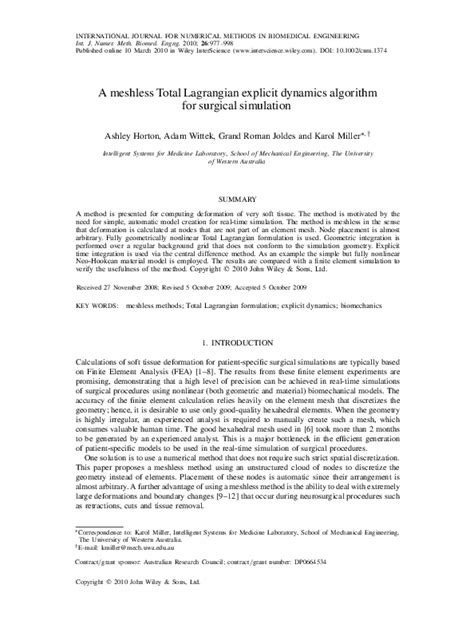 Pdf A Meshless Total Lagrangian Explicit Dynamics Algorithm For Surgical Simulation