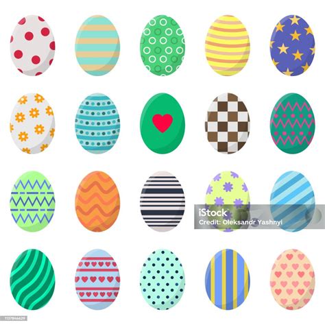 부활절 달걀 흰색 배경에 고립의 집합입니다 줄무늬 점 마음과 패턴과 다른 다채로운 계란 인사말 카드 초대장에 적합 합니다 평면 디자인에 벡터 일러스트입니다 4월에 대한 스톡