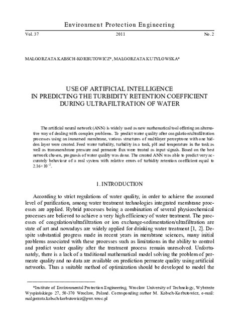 pdf use of artificial intelligence in predicting the turbidity