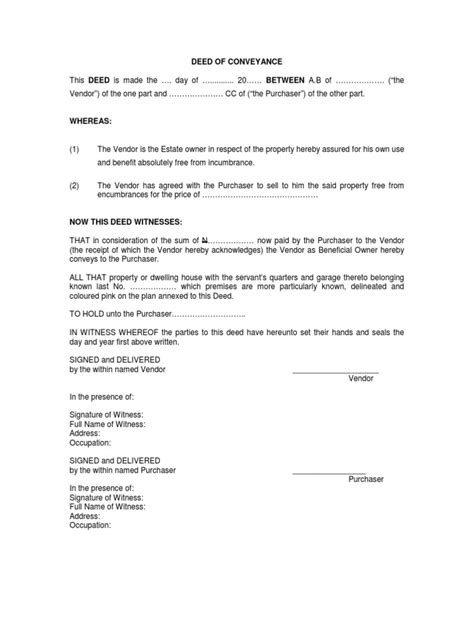Sample Deed Of Conveyance Template Pdf