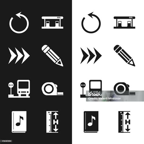 연필 화살표 새로 고침 주유소 버스 정류장 룰렛 구성 높이 및 길이 측정 및 오디오 북 아이콘을 설정합니다 벡터 가솔린에 대한 스톡 벡터 아트 및 기타 이미지 Istock