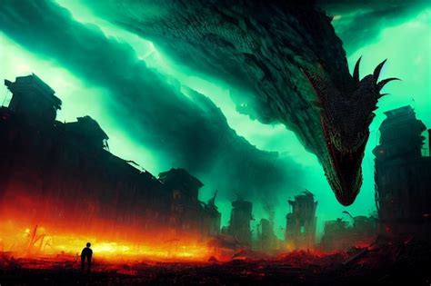 Premium AI Image | Man standing in front of a giant dragon generative ai