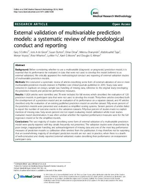 Pdf External Validation Of Multivariable Prediction Models A