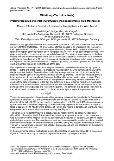 Pdf Magnus Effect On A Baseball Experimental Investigations In The Wind Tunnel Technical Note