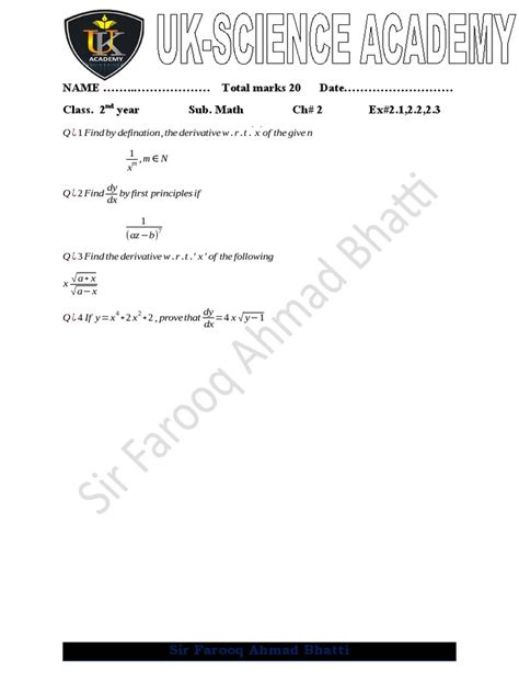 2nd Year Math Ch2 Ex 212223 Test Subjective Pdf