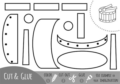 어린이를 위한 교육용 종이 게임 드럼 가위와 풀을 사용하여 이미지를 만듭니다 프리미엄 벡터