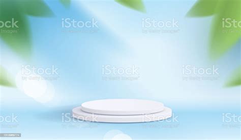 화장품 블루 배경 및 제품 프리젠 테이션 브랜딩 및 포장을위한 프리미엄 연단 디스플레이 잎과 하늘 배경의 그림자 스튜디오 무대