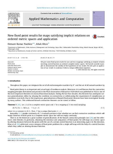 Pdf New Fixed Point Results For Maps Satisfying Implicit Relations On Ordered Metric Spaces