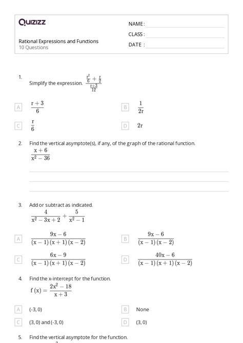 50 Rational Expressions Equations And Functions Worksheets For 9th Year On Quizizz Free