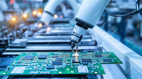 A Robotic Arm Places A Microchip On A Circuit Board During A Manufacturing Process Premium Ai