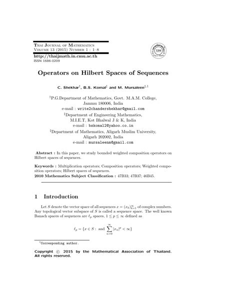 Pdf Operators On Hilbert Spaces Of Sequences