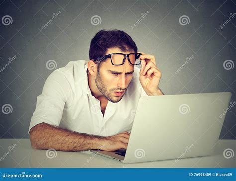 Man With Glasses Having Eyesight Problems Confused With Laptop Stock Image Image Of Person