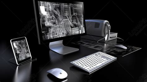 현대적인 업무용 책상에 있는 세련된 데스크탑 컴퓨터의 놀라운 3d 렌더링 현대 책상 배경 감시 장치 배경 현대적 배경