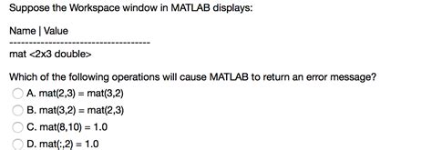 Solved Suppose The Workspace Window In Matlab Displays Name
