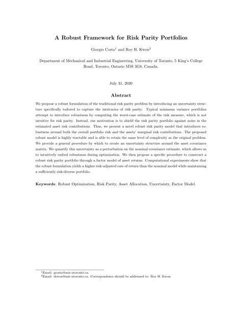 Pdf A Robust Framework For Risk Parity Portfolios