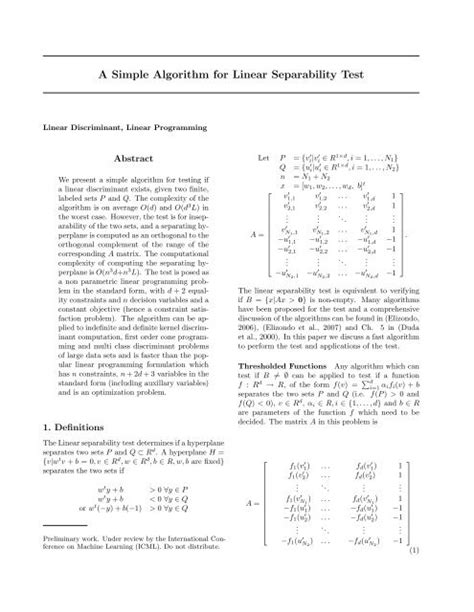 A Simple Algorithm For Linear Separability Test Machine Learning