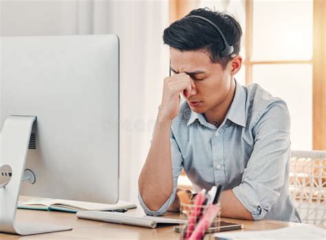 Headache Burnout And Stress Call Center Businessman With Computer For Information Technology