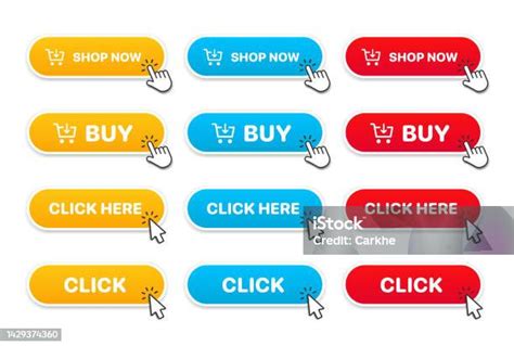 3d Click Here Web Buttons Set Of Action Button Hand Cursor And Arrow