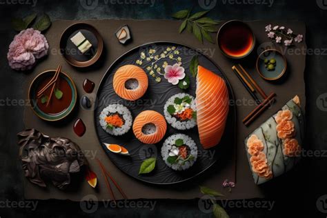 Fresh Beautiful Sushi Setup With Salmon Maki And Misterious Ingredients