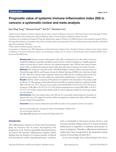 Pdf Prognostic Value Of Systemic Immune Inflammation Index Sii In Cancers A Systematic