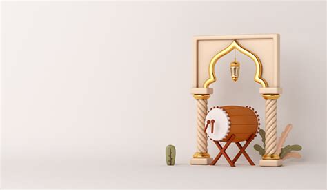 이슬람 장식 배경에는 베드그 드럼 모스크 게이트 랜턴 라마단 카림 마울리드 이프타르 이스라 미라지 이드 알 피트르 아다 무하람 복사 공간 텍스트 영역 3d 그림이 있습니다