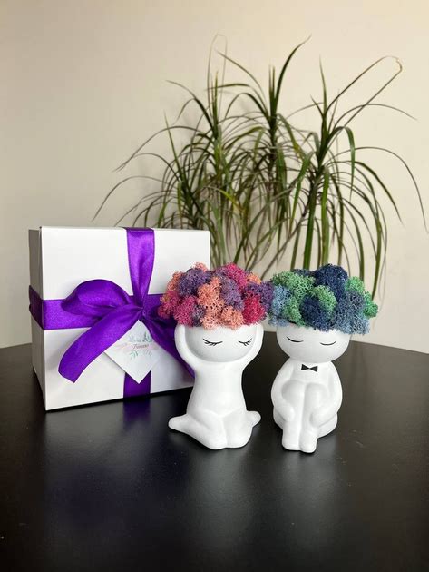 Набір кашпо хлопчик та дівчинка зі стабілізованим мохом у подарунковій упаковці мікс