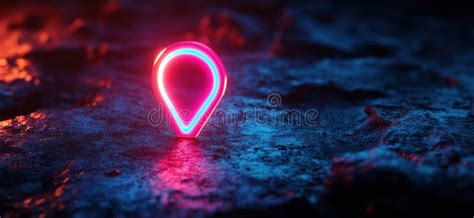 Neon Location Pin Glowing On Textured Surface In Dark Environment Stock Image Image Of
