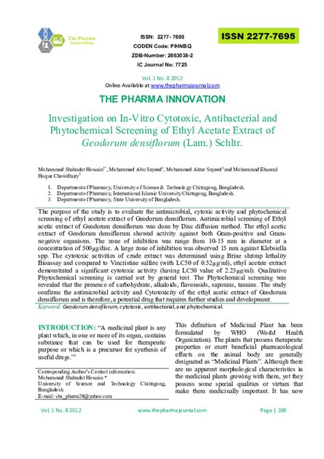 Pdf Investigation On In Vitro Cytotoxic Antibacterial And